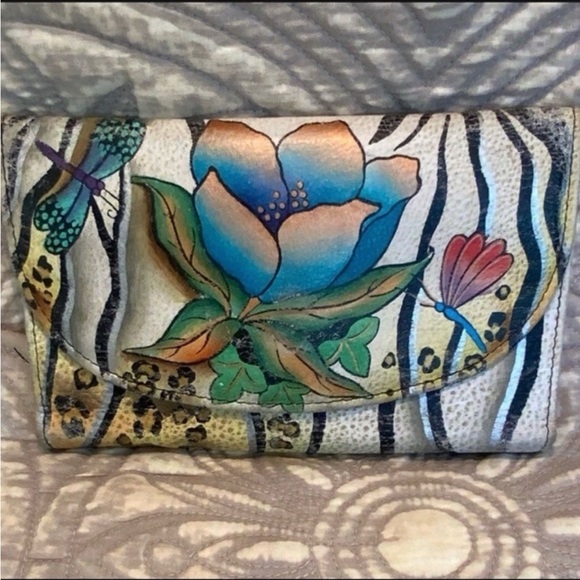 Anuschka | Bags | Leather Anuschka Handpainted Snap Floral Wallet ...